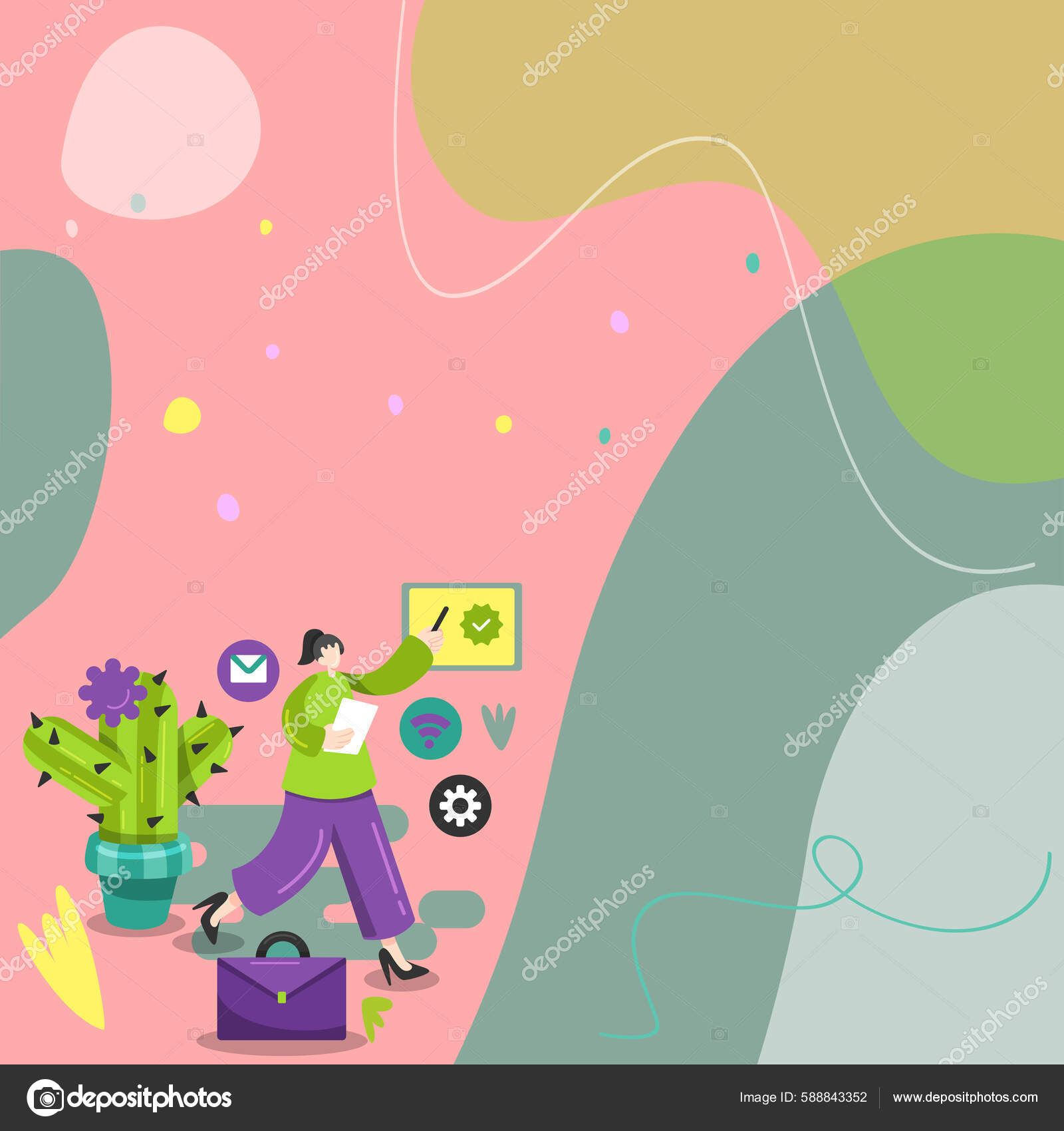 Businesswoman Drawing Pointing Verification Symbol Screen Stock Vector ...