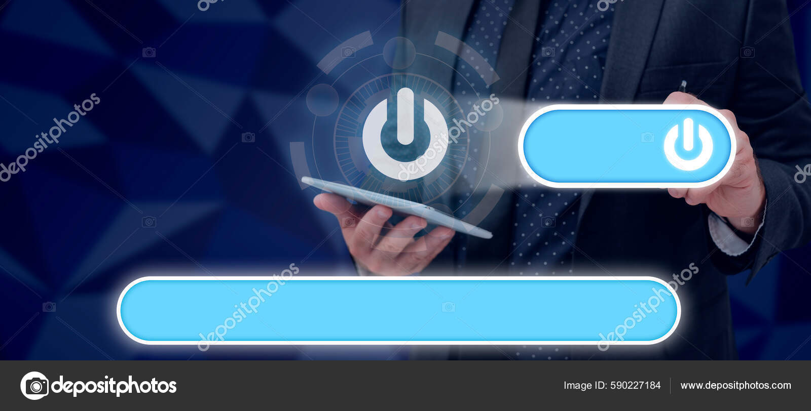 Man Tablet Displaying Power Button Digital Learning Ideas — Stock Photo ...