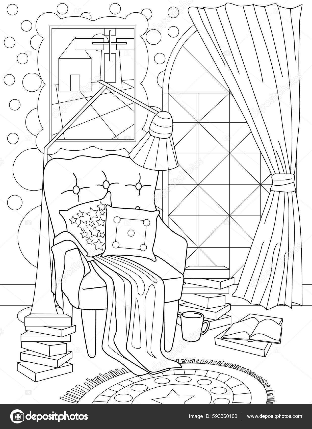 Coloring Page Cozy Armchair Pillows Blanket Vector de stock #593360100 ...