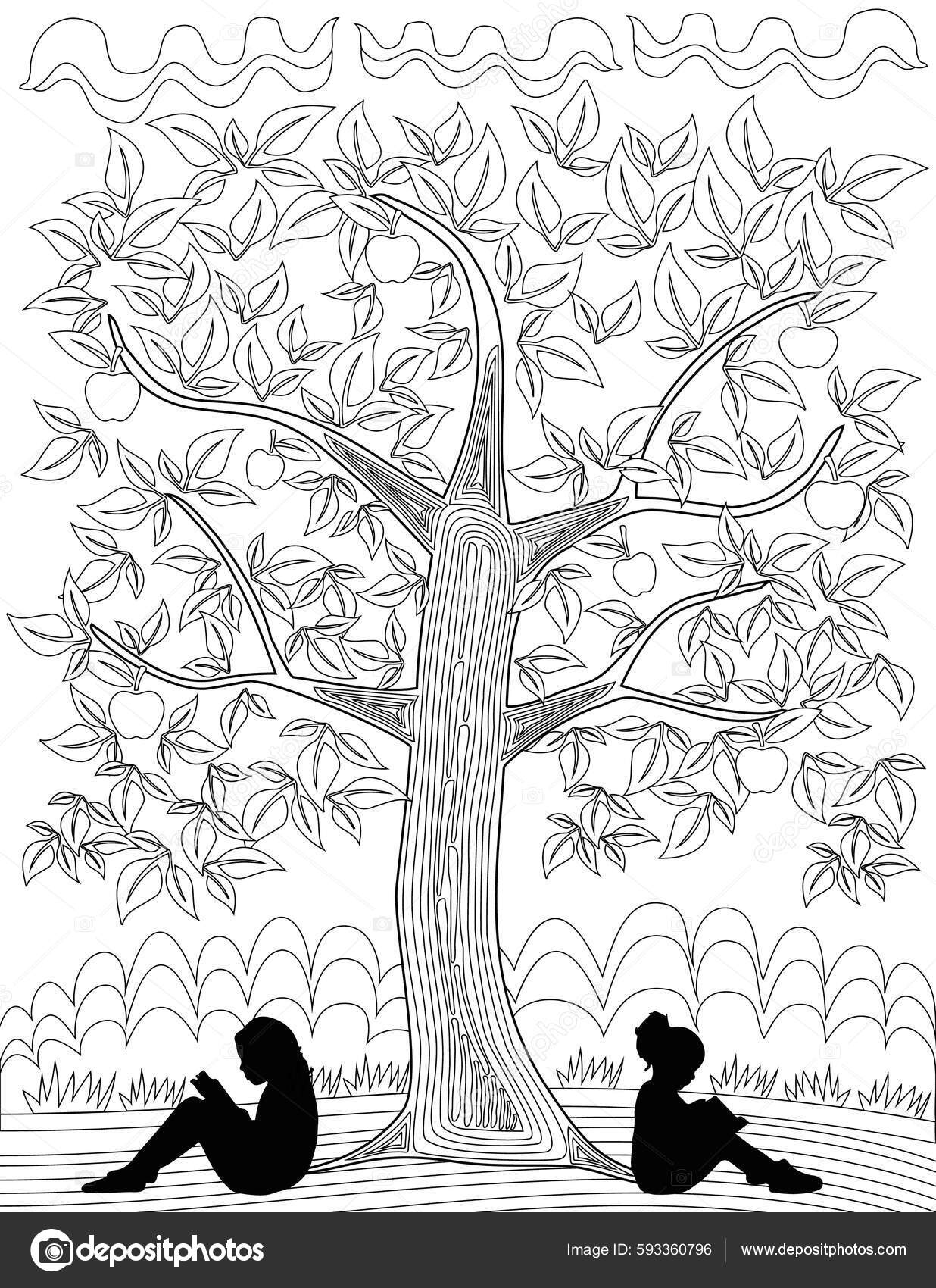 Girl Sitting Against Tree Drawing