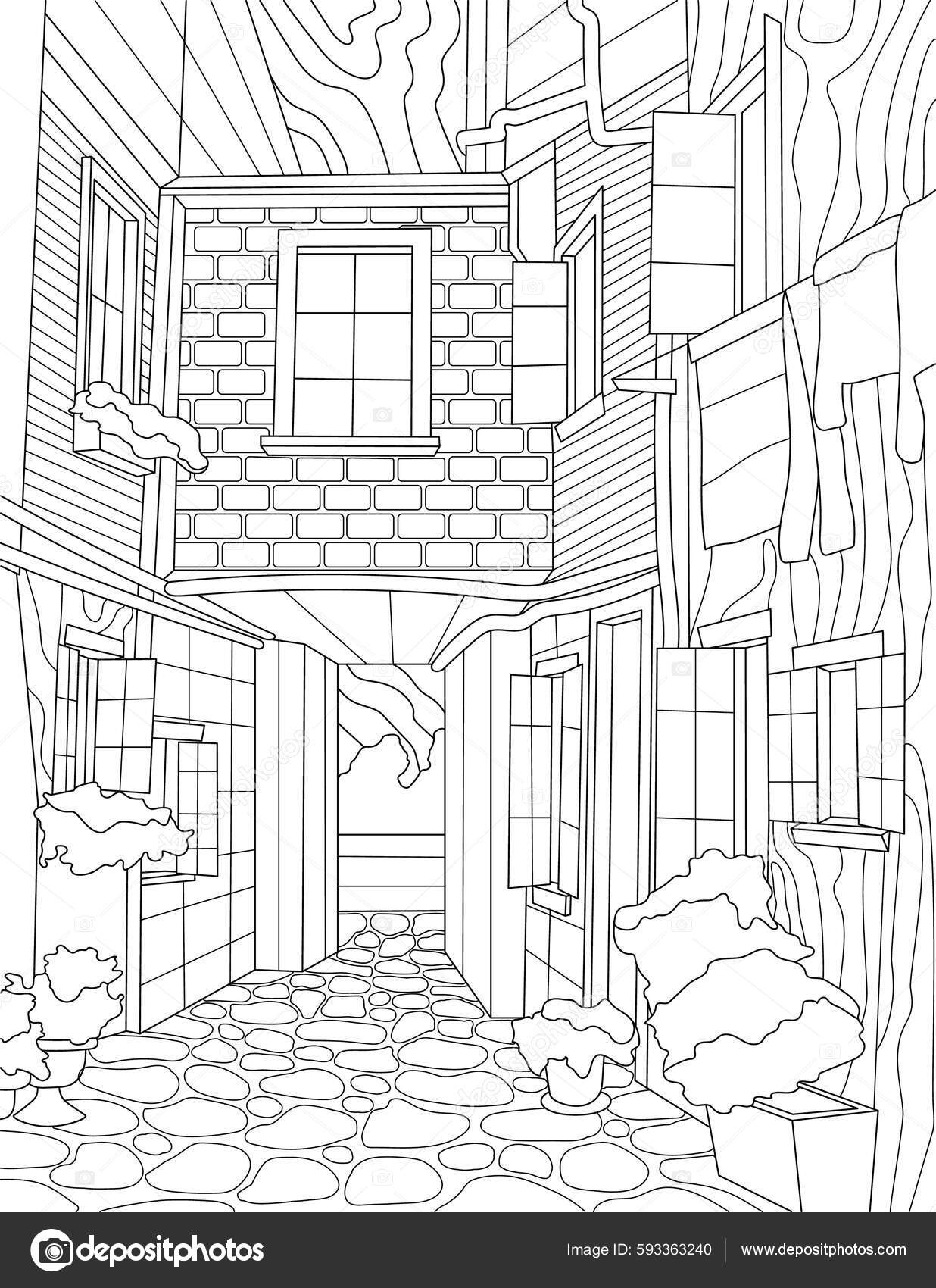 Vettoriale stockColoring Book Page Old Buildings Clothes Balconies di ...