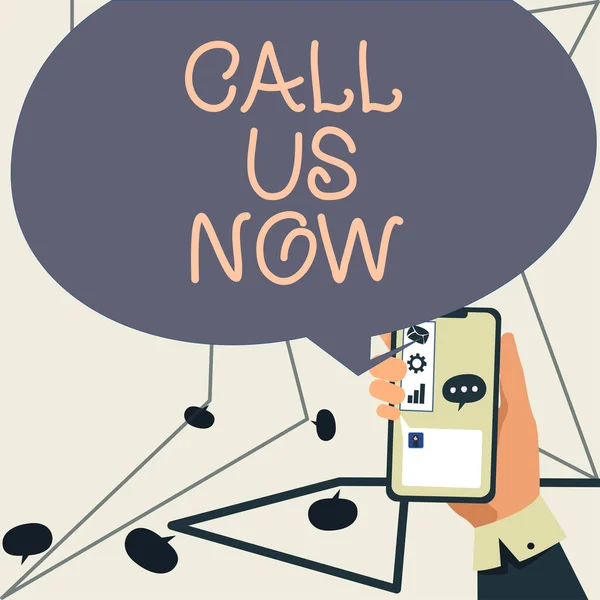 Hand writing sign Call Us Now, Business concept Communicate by ...