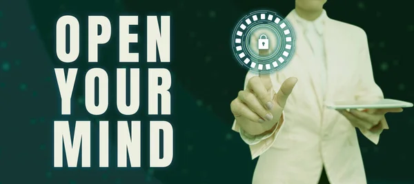 Conceptual display Open Your Mind, Word for Be openminded Accept new ...