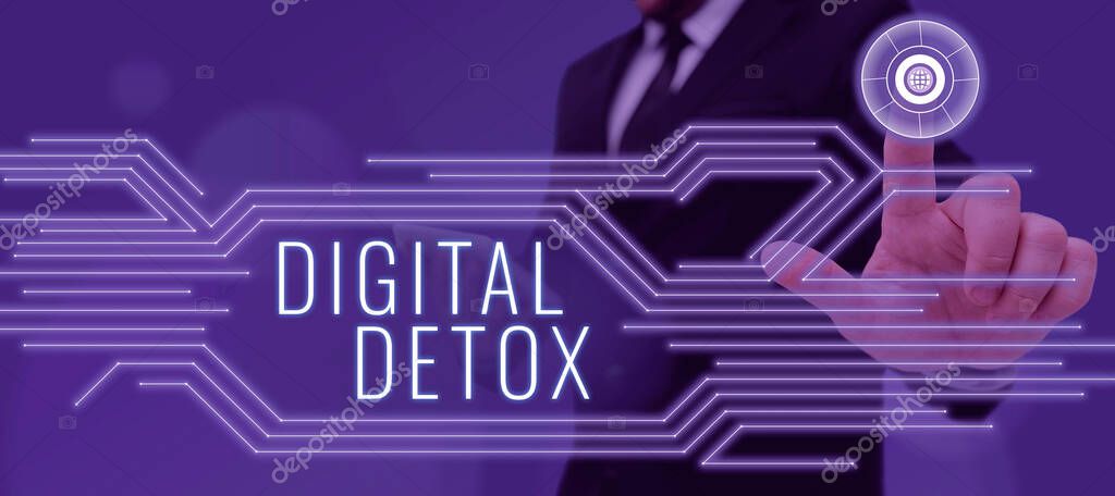Signo de texto que muestra la desintoxicación digital, idea de negocio libre de dispositivos ...