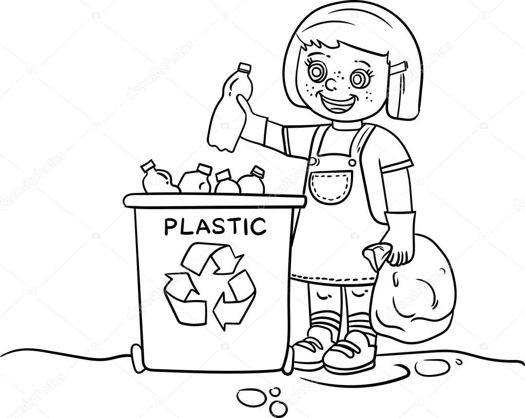 Niña Siempre Tira Una Botella De Plástico En El Bote De Basura Para Ser