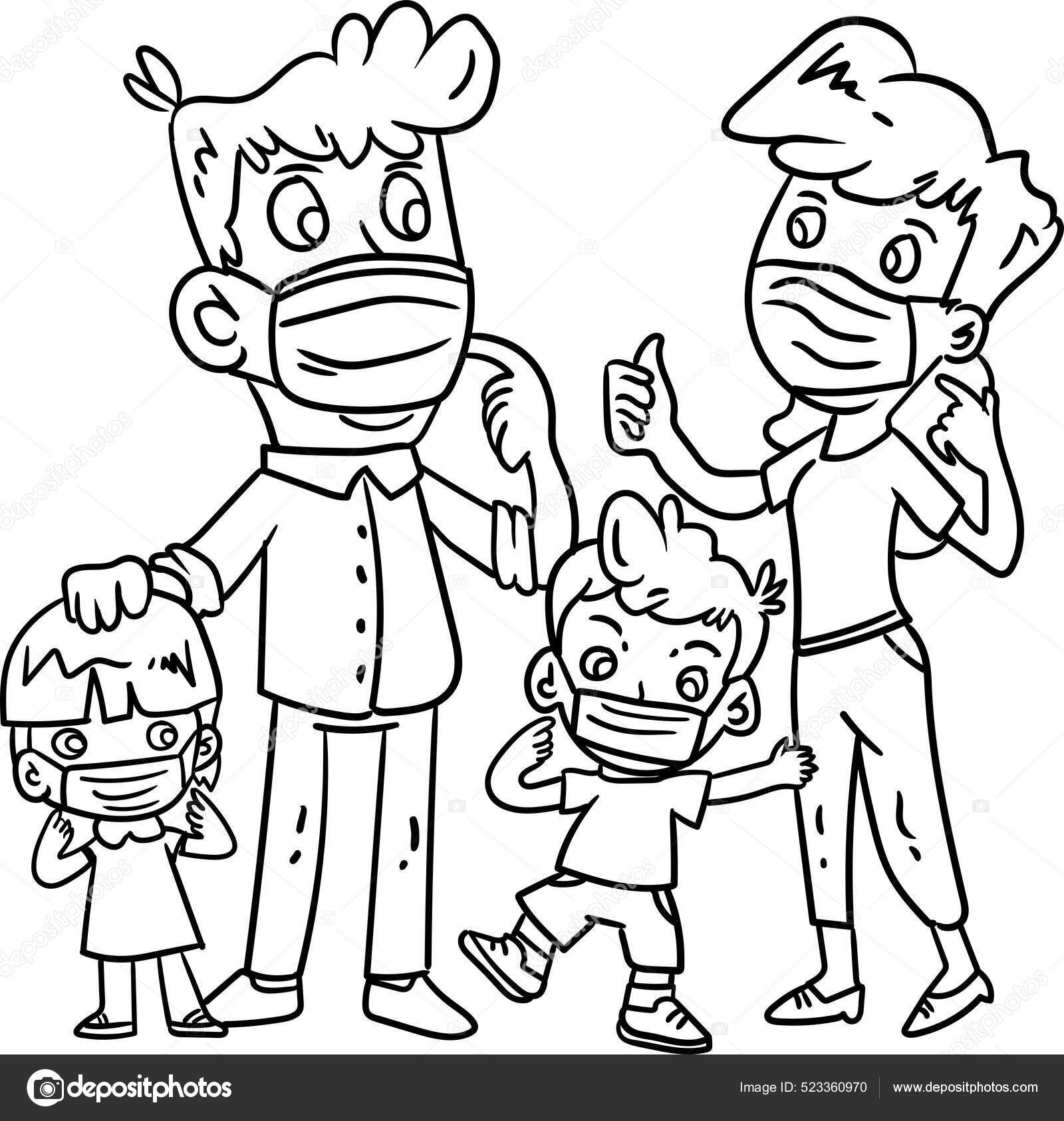 Coloring Book Kids Lovely Family Wearing Mask Protect Each Other Stock ...