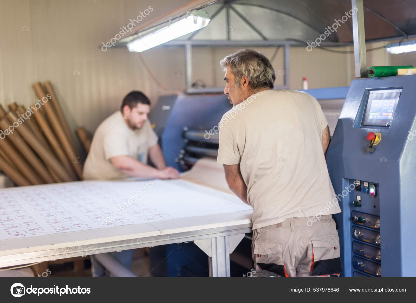 Two Technician Workers Operator Works Large Premium Fabric Industrial ...