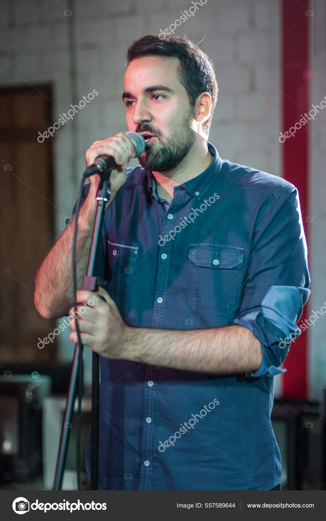 Smiling Witty Stand Actor Comedian Stage Talking Singing Microphone ...