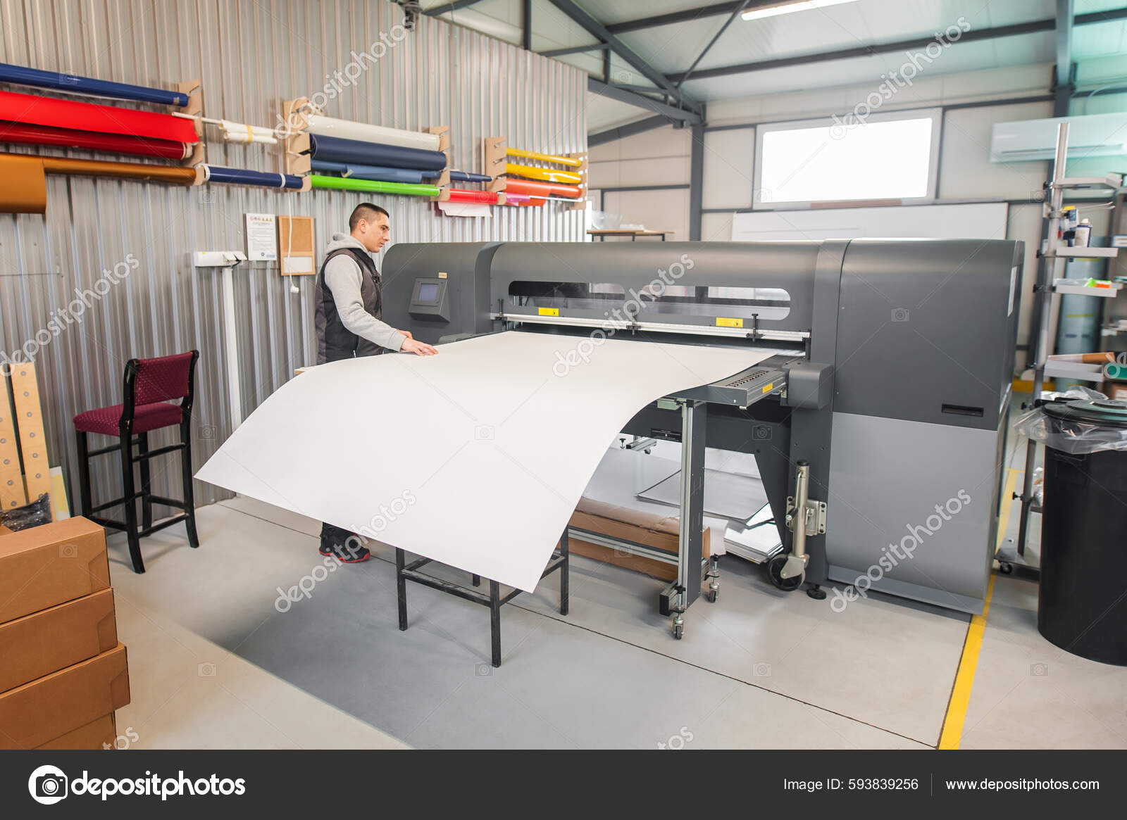 Technician Worker Operator Works Large Premium Industrial Printer ...