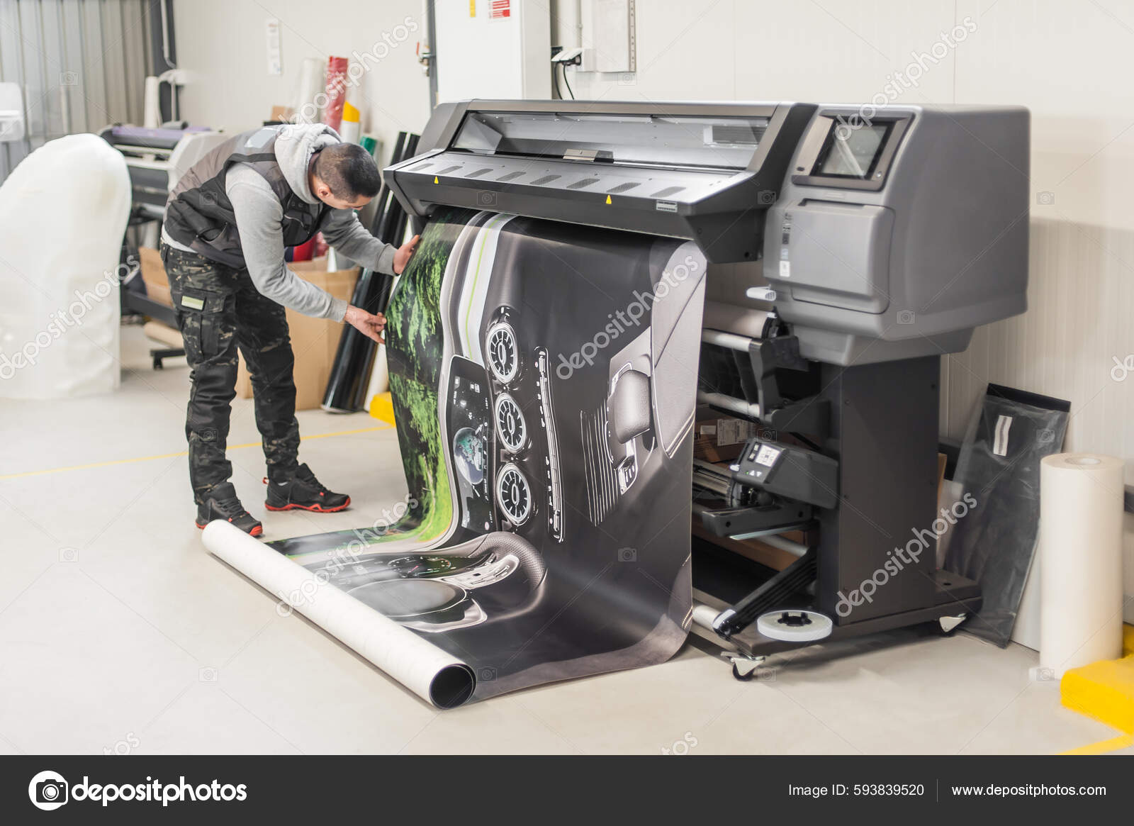Technician Worker Operator Works Large Premium Industrial Printer ...