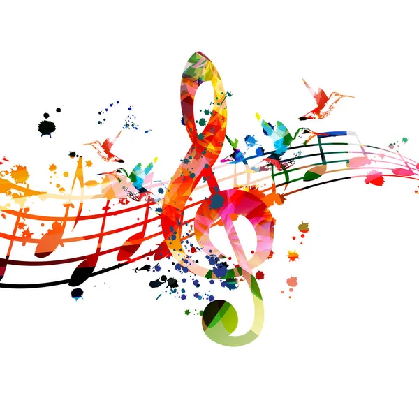 Colorful musical poster with musical notes, staff, gramophone horn and ...