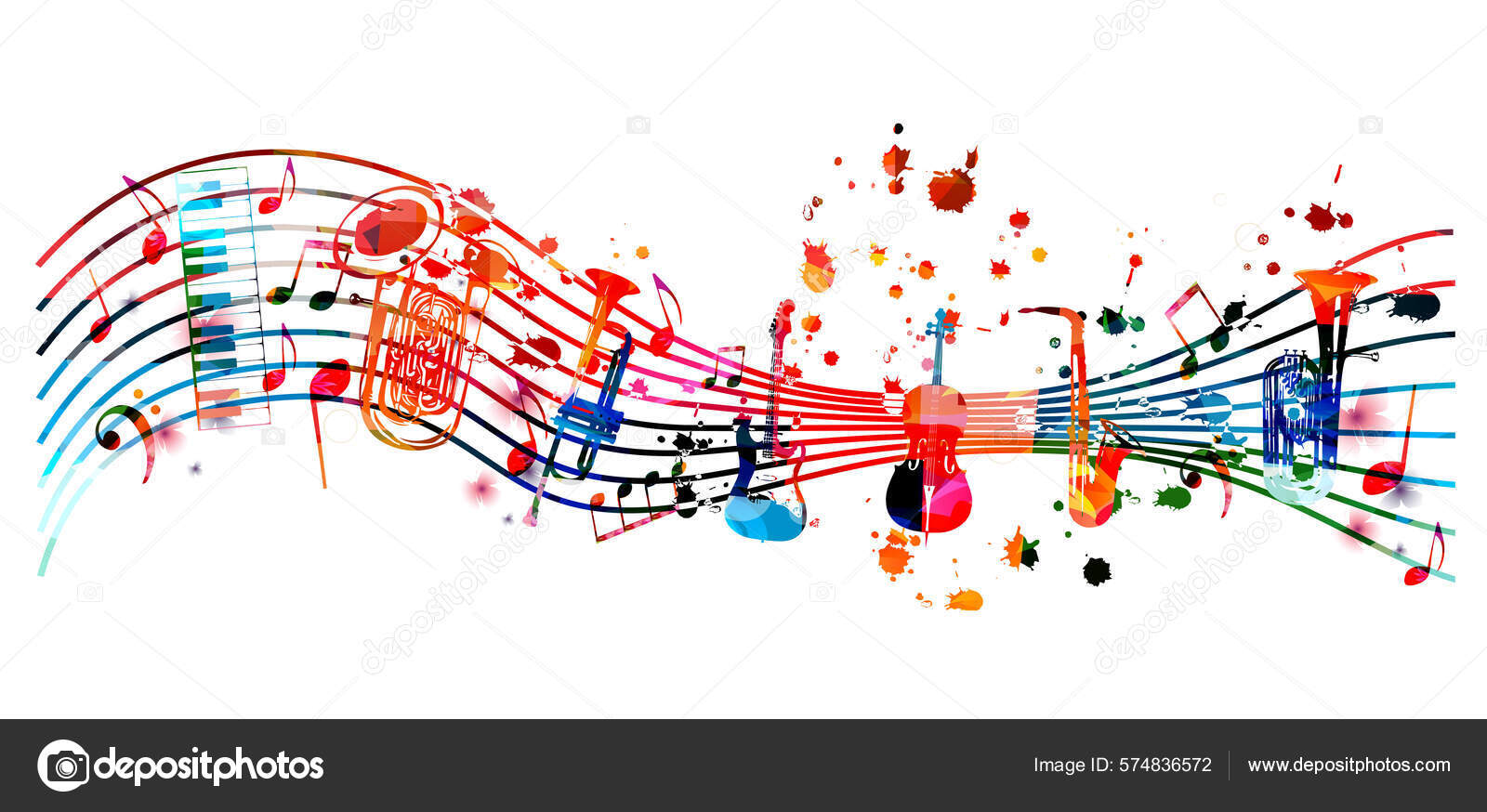 Colorful Musical Notes Instruments Abstract Wave White Background Stock ...
