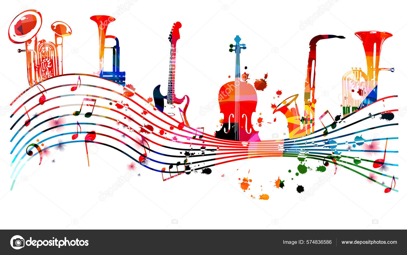 Colorful Musical Notes Instruments Abstract Wave White Background Stock ...