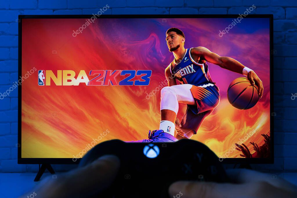 Man play NBA 2K23 with Xbox controller on TV, 5th Sep 2022, Sao Paulo ...