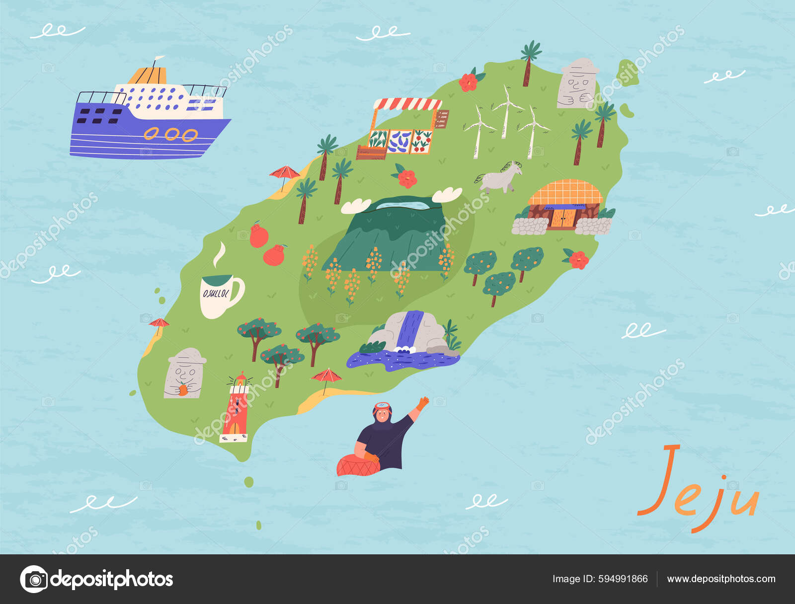 Jeju Island Map Landmarks Cartoon Flat Vector Illustration Korean ...