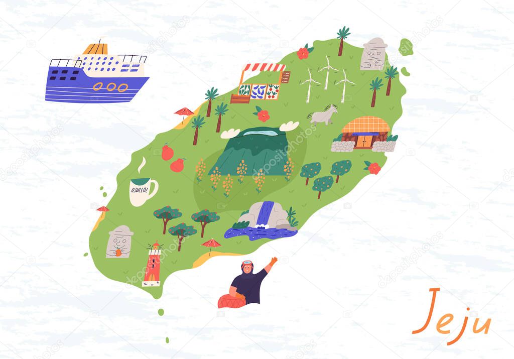 Korean Jeju island map with landmarks and cute elements, cartoon flat vector illustration ...