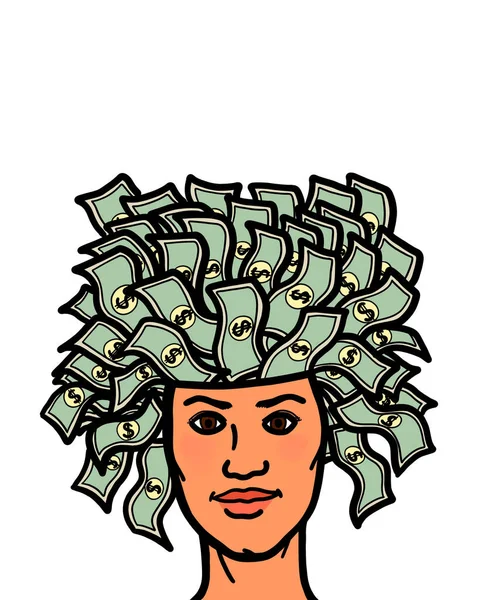 A human's head with a pile of dollar money growing from the brain ...