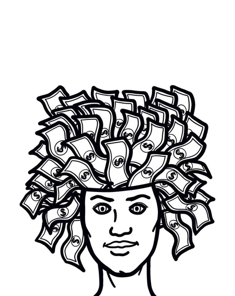 A human's head with a pile of dollar money growing from the brain ...