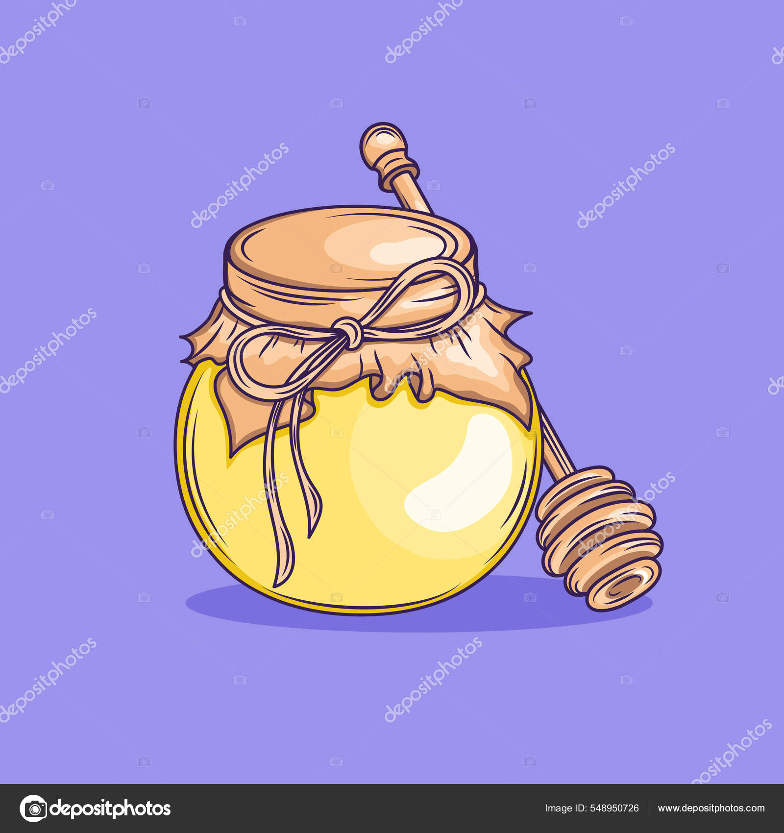 Honey jar with stick vector flat illustration, Cartoon style single honey pot icon flat vector ...