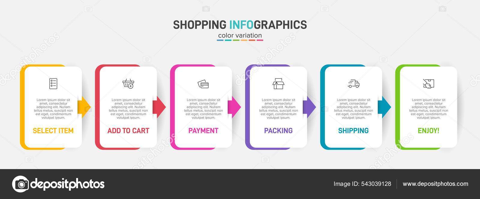 Concept of shopping process with 6 successive steps. Six colorful ...