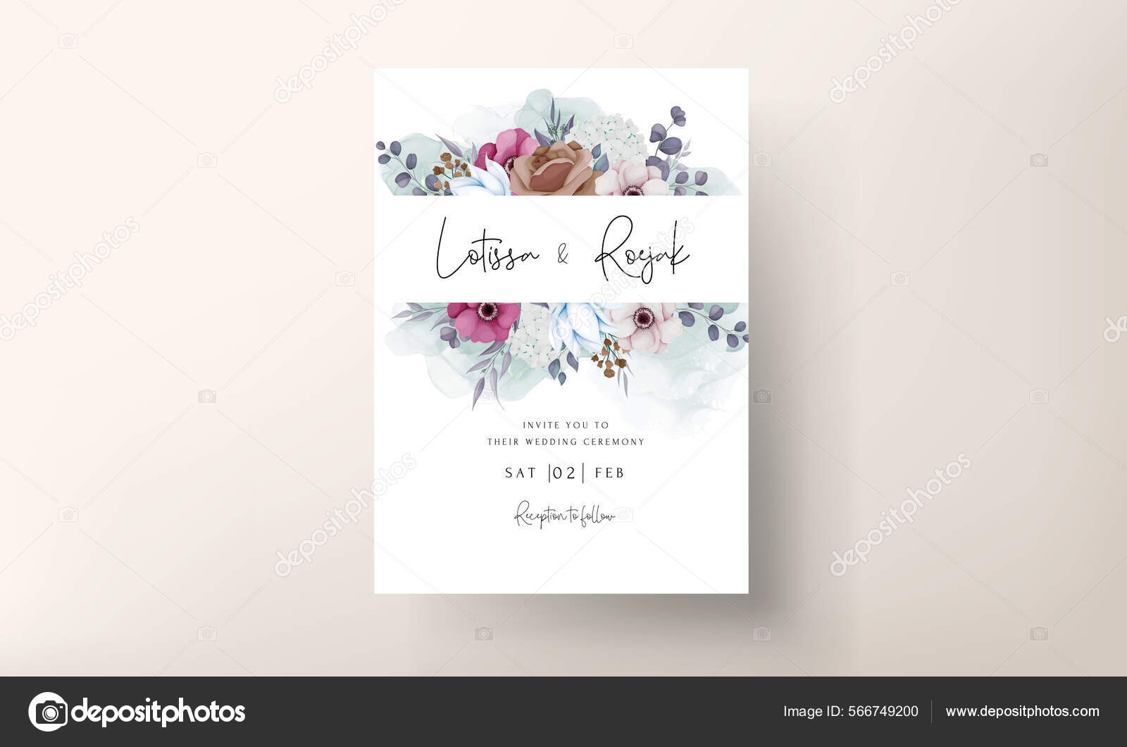 Boho Wedding Invitation Card Beautiful Flower Leaves Vektor Stok oleh ...