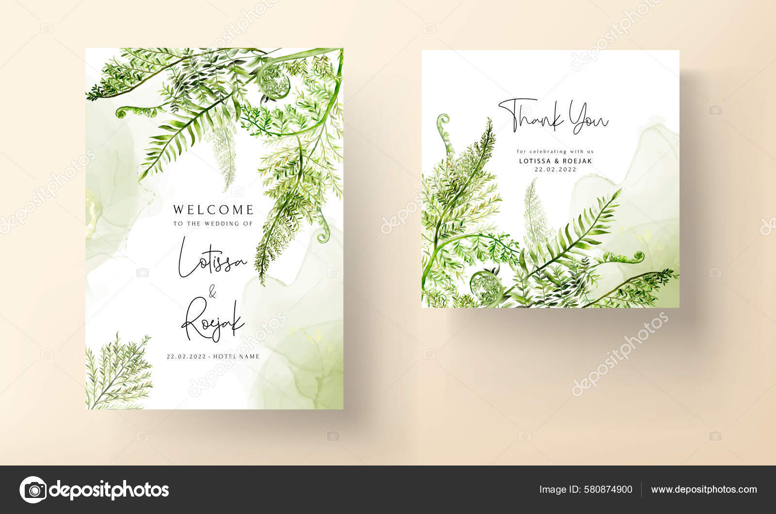 Elegant Wedding Invitation Template Greenery Watercolor Fern Leaves ...