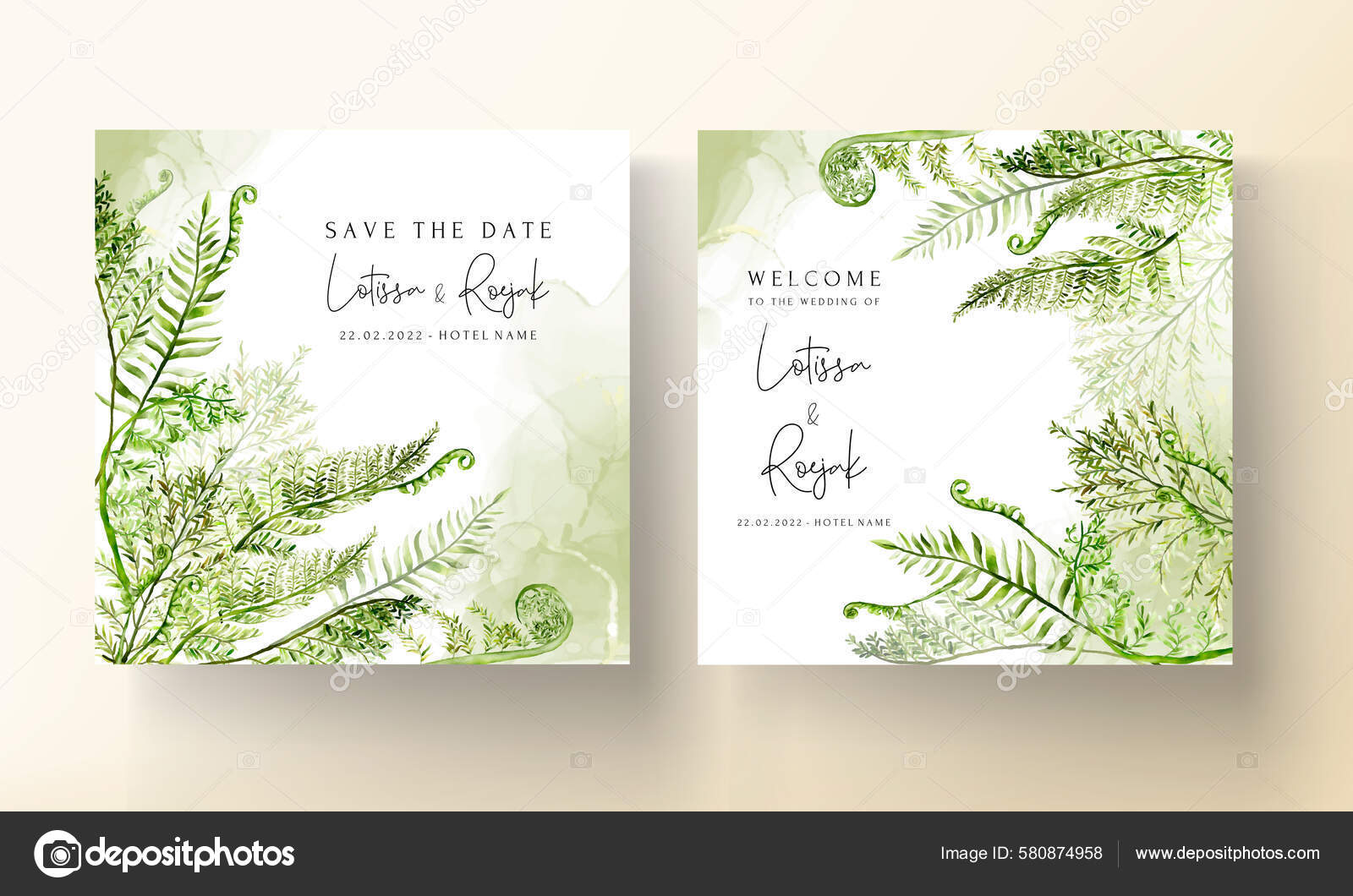 Elegant Wedding Invitation Template Greenery Watercolor Fern Leaves ...