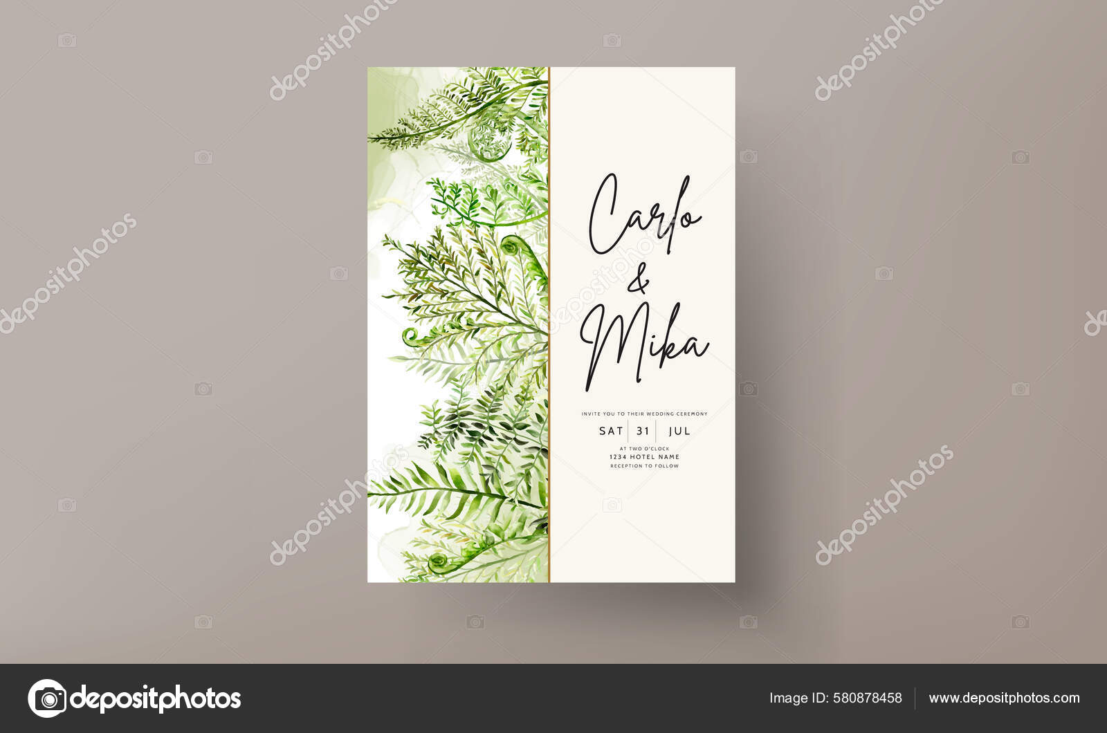 Elegant Wedding Invitation Template Greenery Watercolor Fern Leaves ...