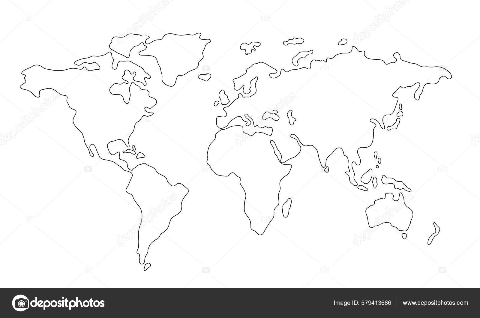 Line Contour World Map Isolated White Background Hand Drawn Simplified ...