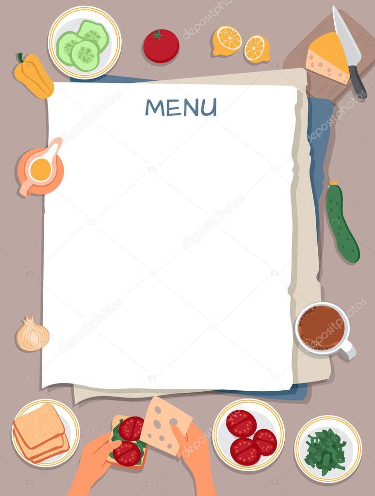 Plantilla para menú o receta de cocina. Sobre la mesa hay: hojas de ...