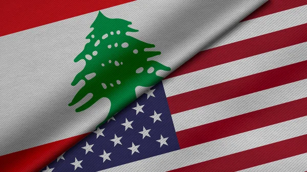 3D rendering of two flags of Lebanon and United States of America ...