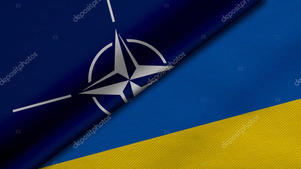 Representación en 3D de dos banderas de la OTAN y Ucrania junto con la ...