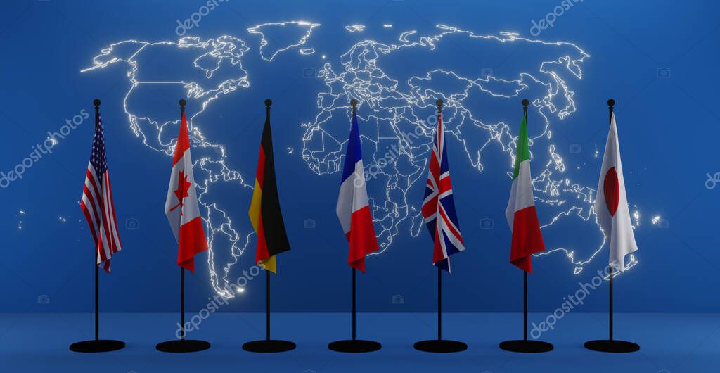 G7 summit. flags of members of G7 group of seven and list of countries ...