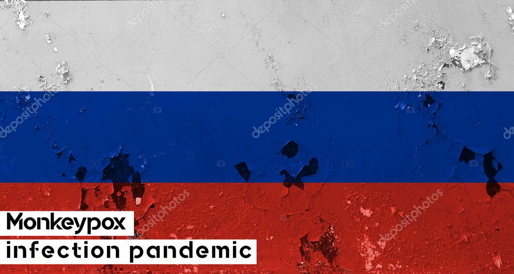 Monkeypox en Rusia, Bandera de Rusia con bacterias y grietas, pandemia ...