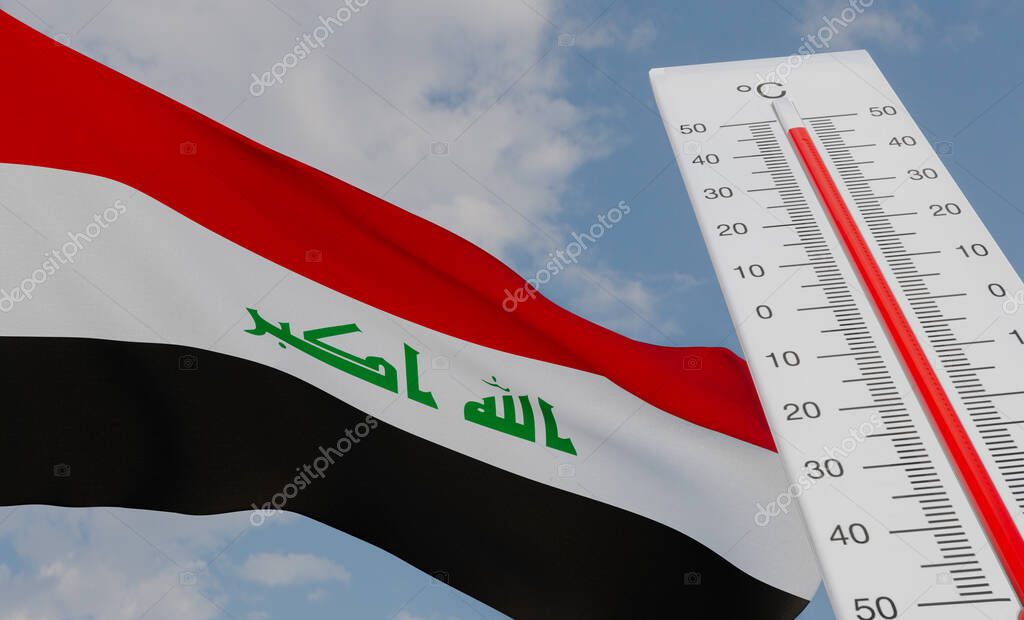 Ola de calor en Irak, Termómetro frente a la bandera de Irak y el fondo ...