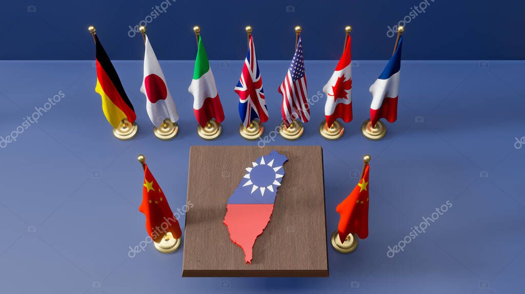 G7 countries against China, flags of members of G7 group of seven and ... G7 countries against China, flags of members of G7 group of seven and ...