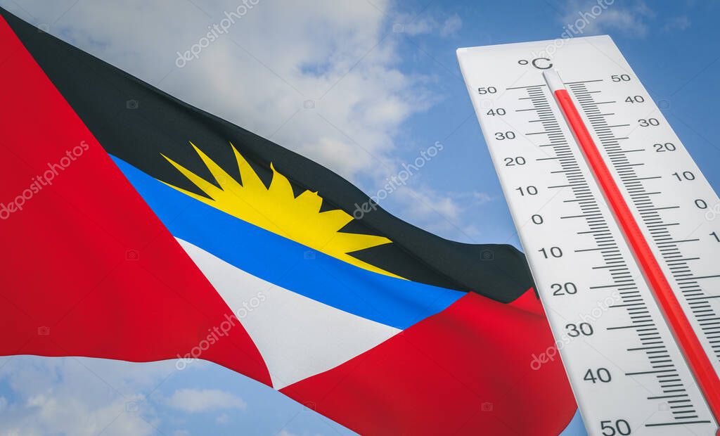 Heat wave in Antigua and Barbuda, Thermometer in front of flag Antigua ...