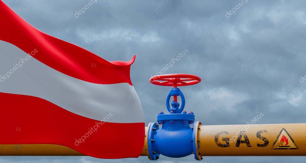 Austria gas, valve on the main gas pipeline Austria, Pipeline with flag ...