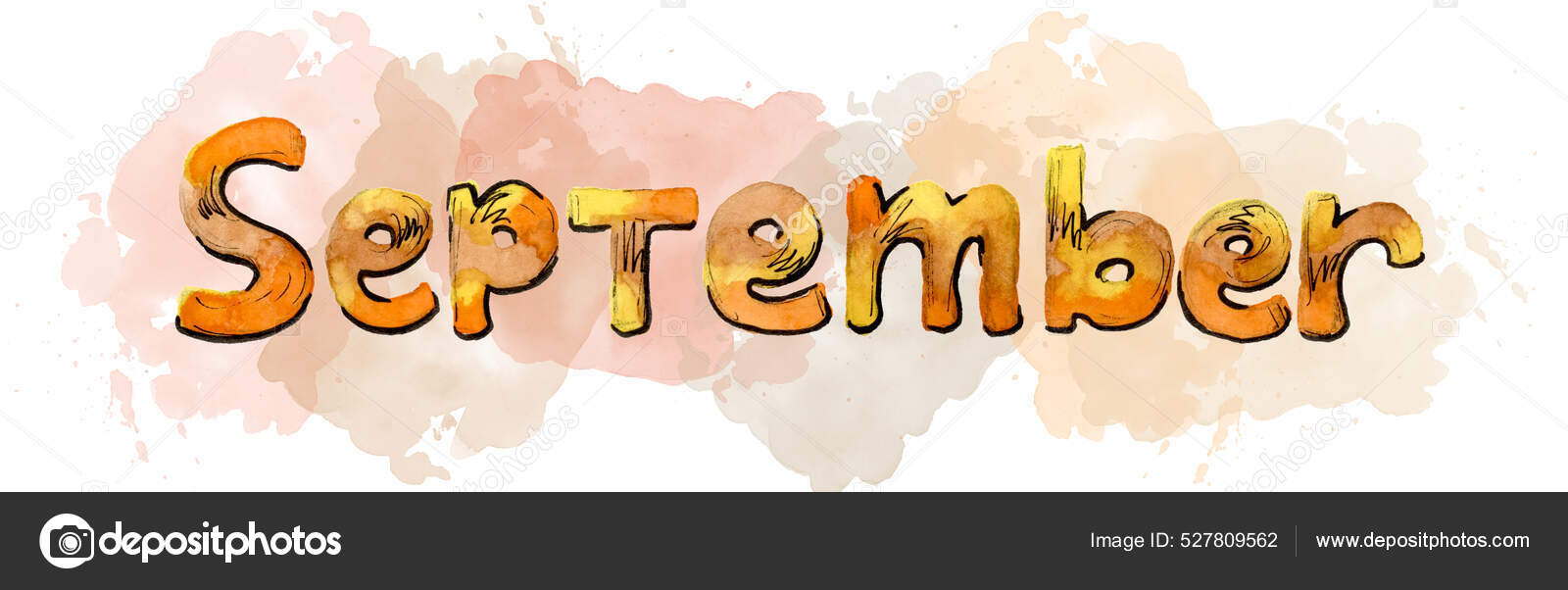 Multicolor Watercolor autumn month lettering September on blot. Brown ...