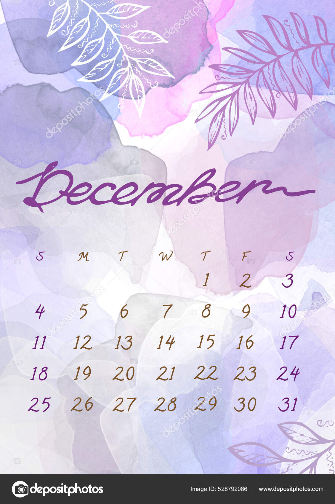 Watercolor Winter December month Calendar template for 2022 year. Week ...
