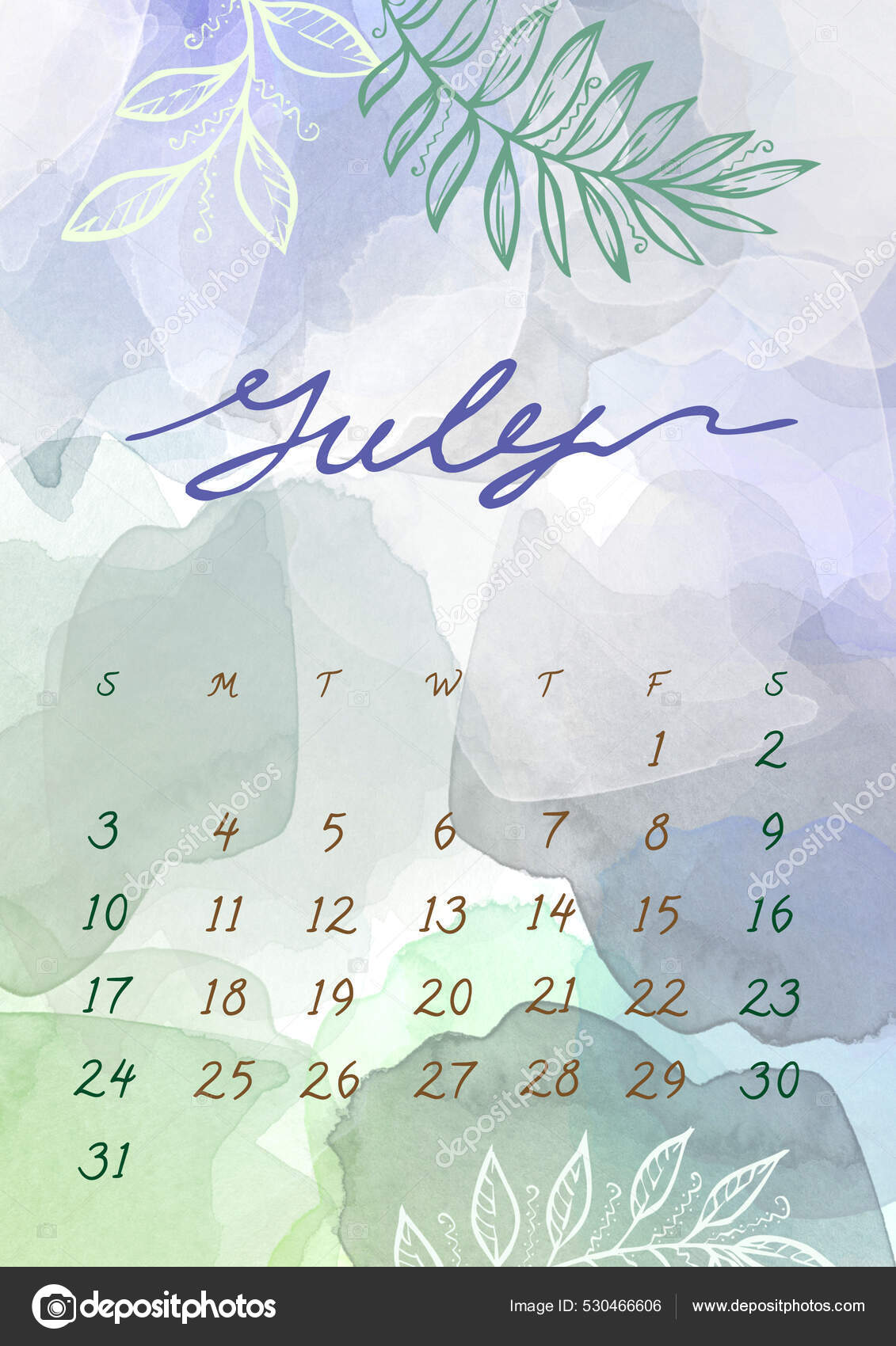 Watercolor July month Calendar template for 2022 year. Week Starts ...