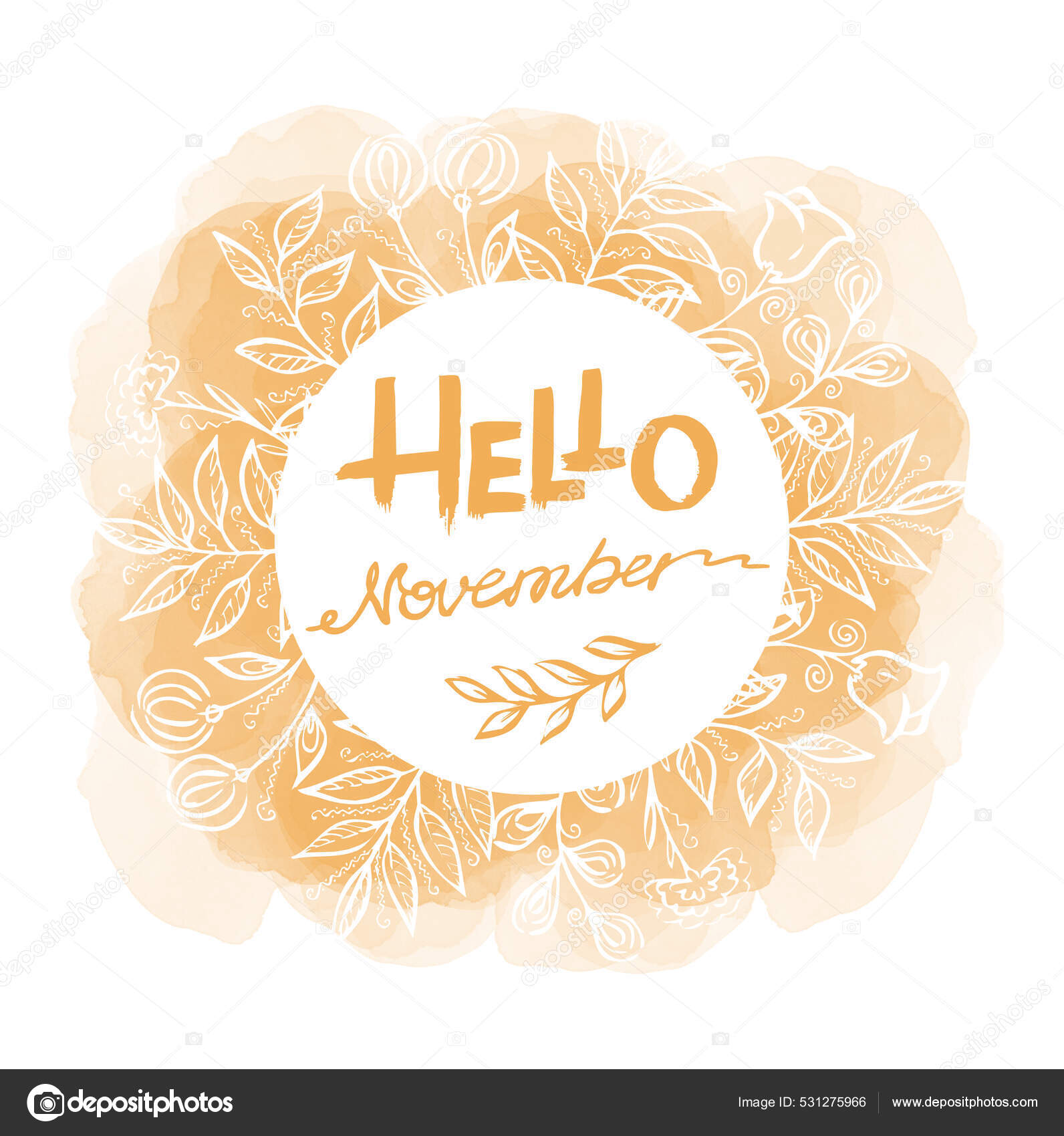 Hello November - orange line art text in an circle frame with floral ...
