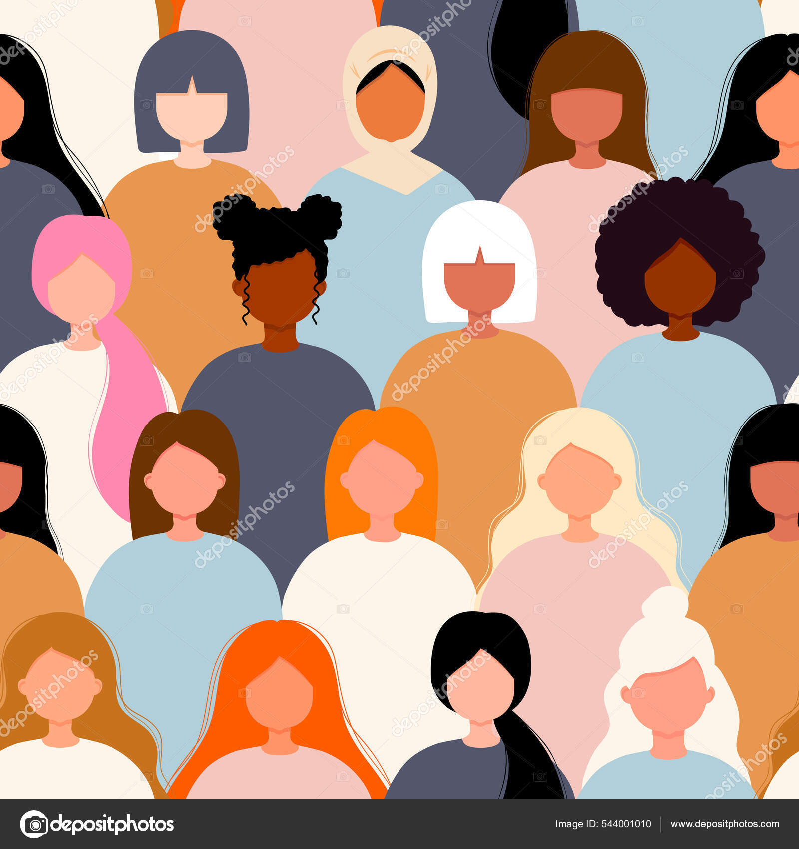 Vector Seamless Pattern Women Faces Female Diverse Faces Different