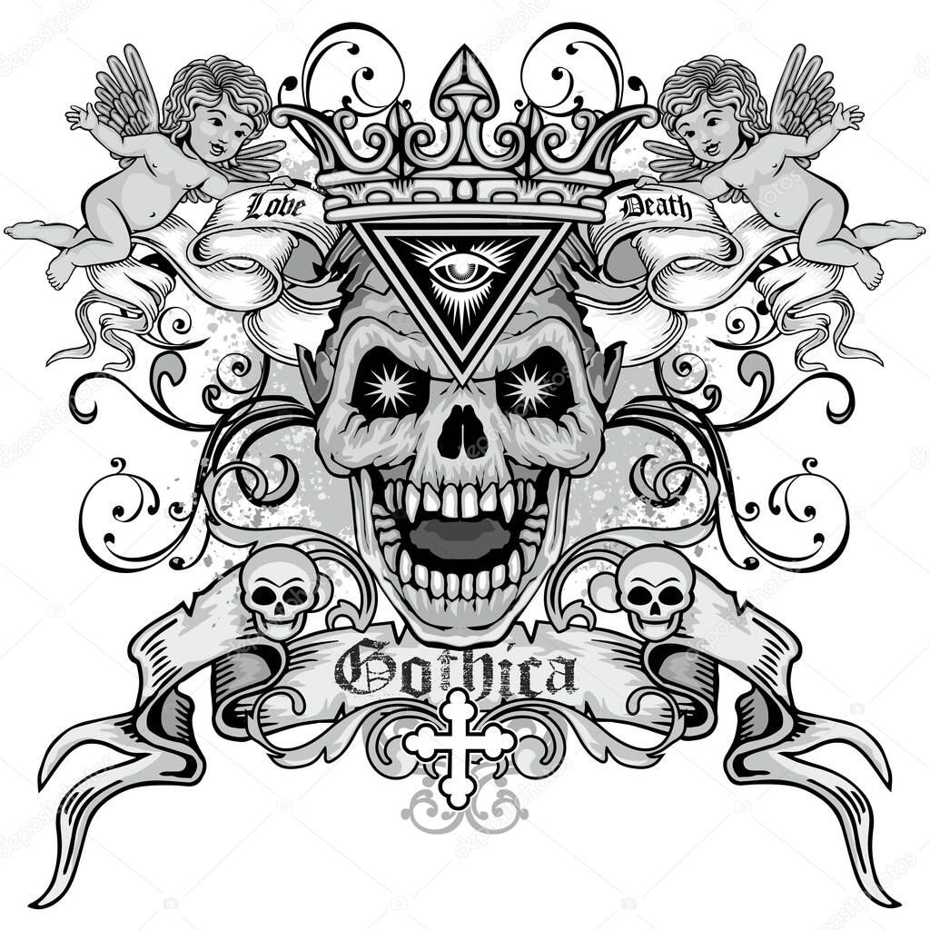 Signo g tico con cr neo y ngeles, camisetas de dise o vintage grunge 2024