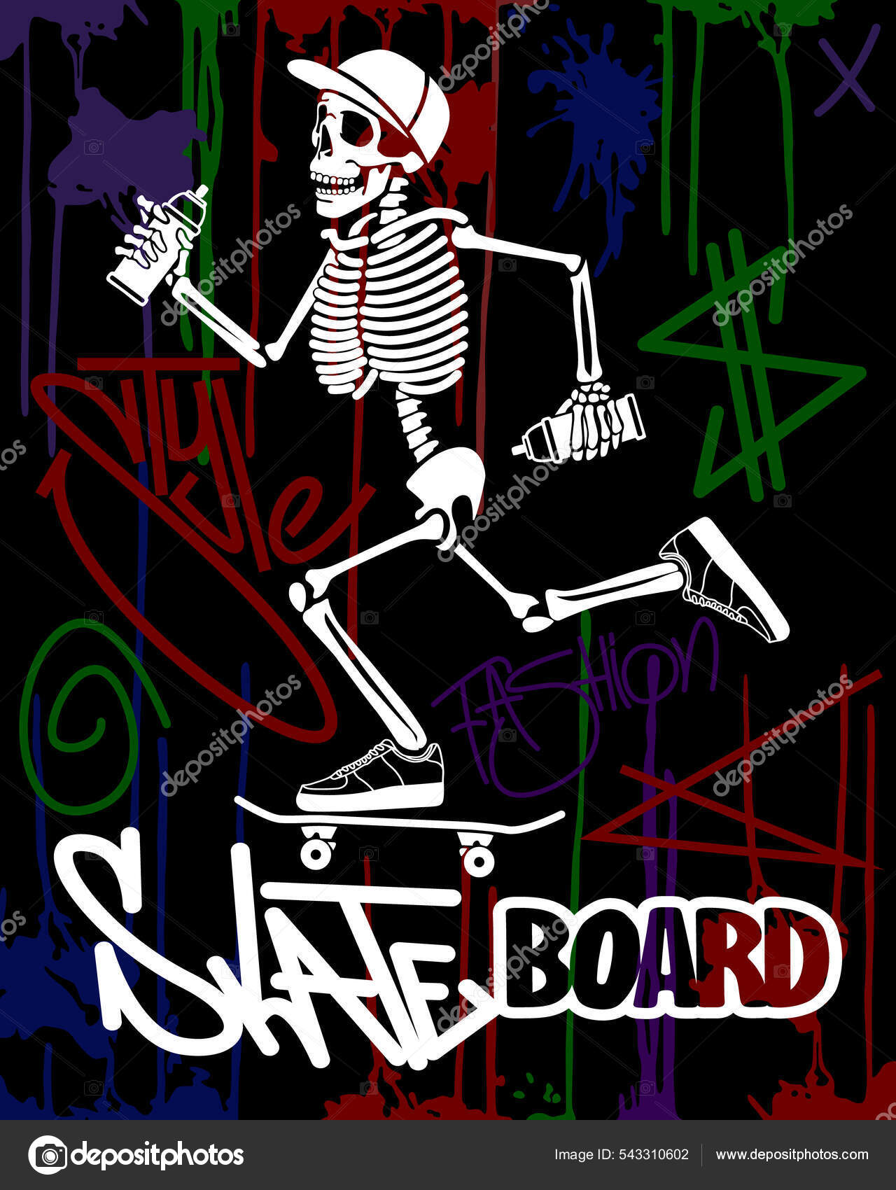 Skeleton Rides Skateboard Paint Splatter Design Fashion Style Drawing ...