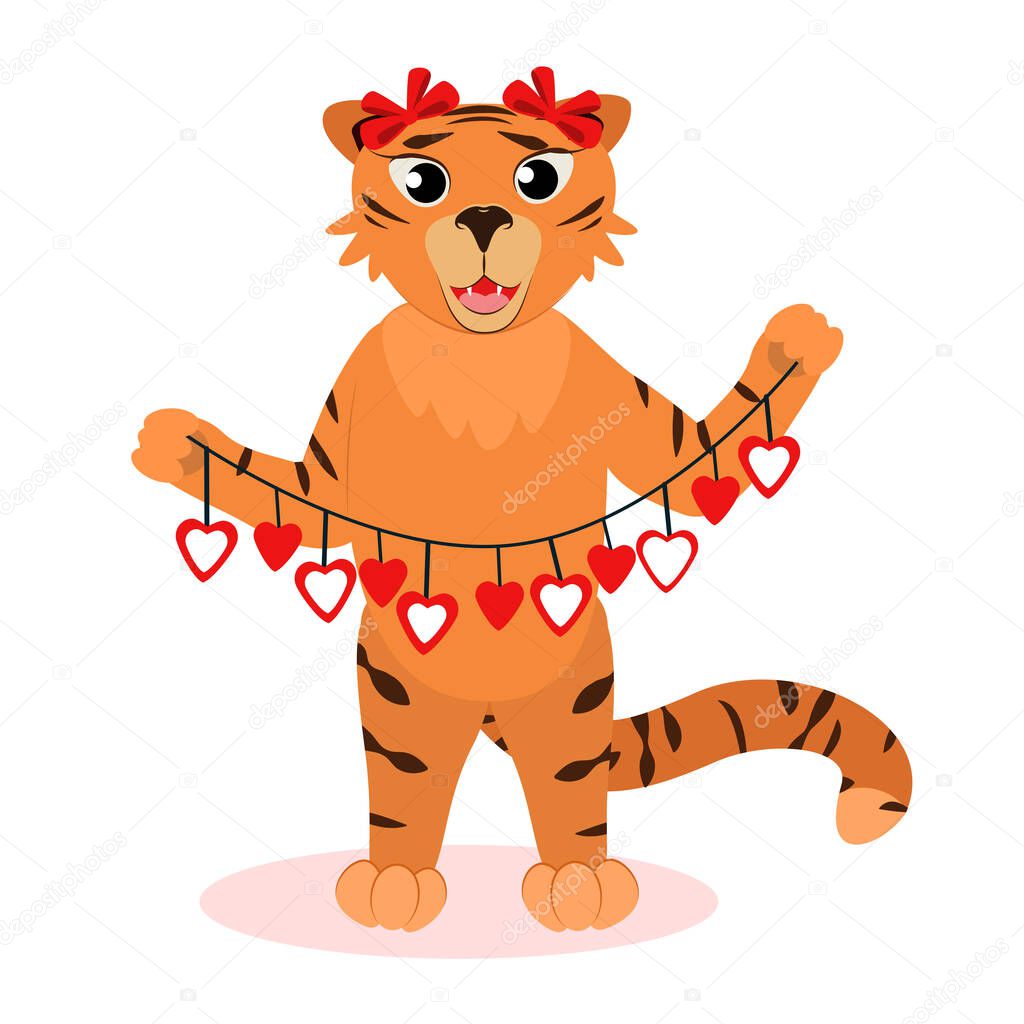 ilustración vectorial de un tigre con una guirnalda con corazones en ...