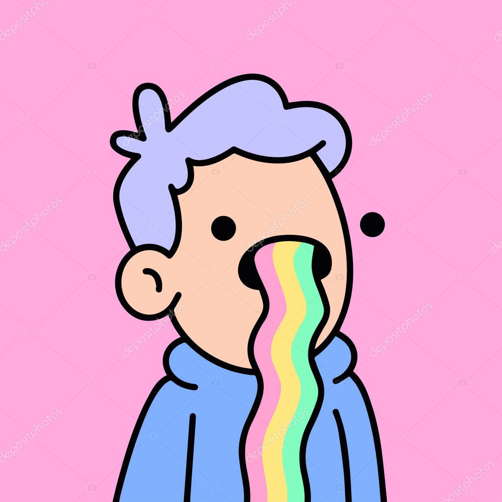 Doodles NFT logo. Boy puking pastel color rainbow isolated on pink ...
