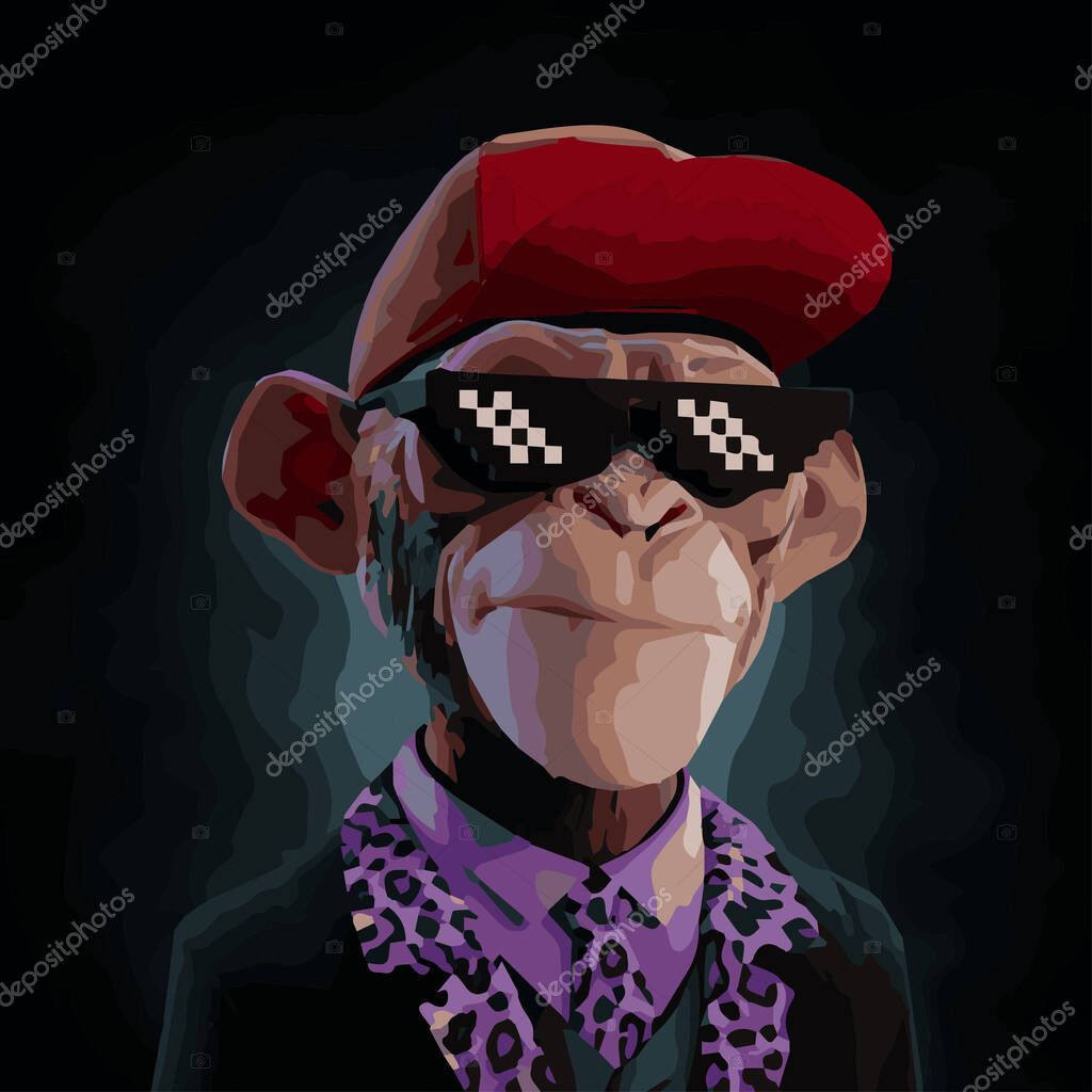 Carácter de mono aburrido 3D NFT. Mono con ropa de botín y gafas negras ...