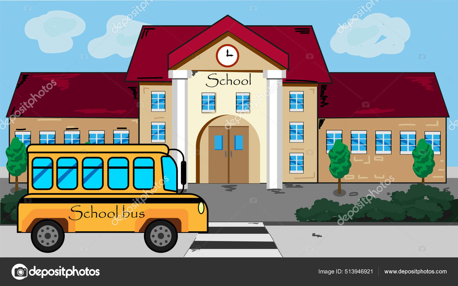 School School Bus Road Vector Illustration School Building Empty School ...