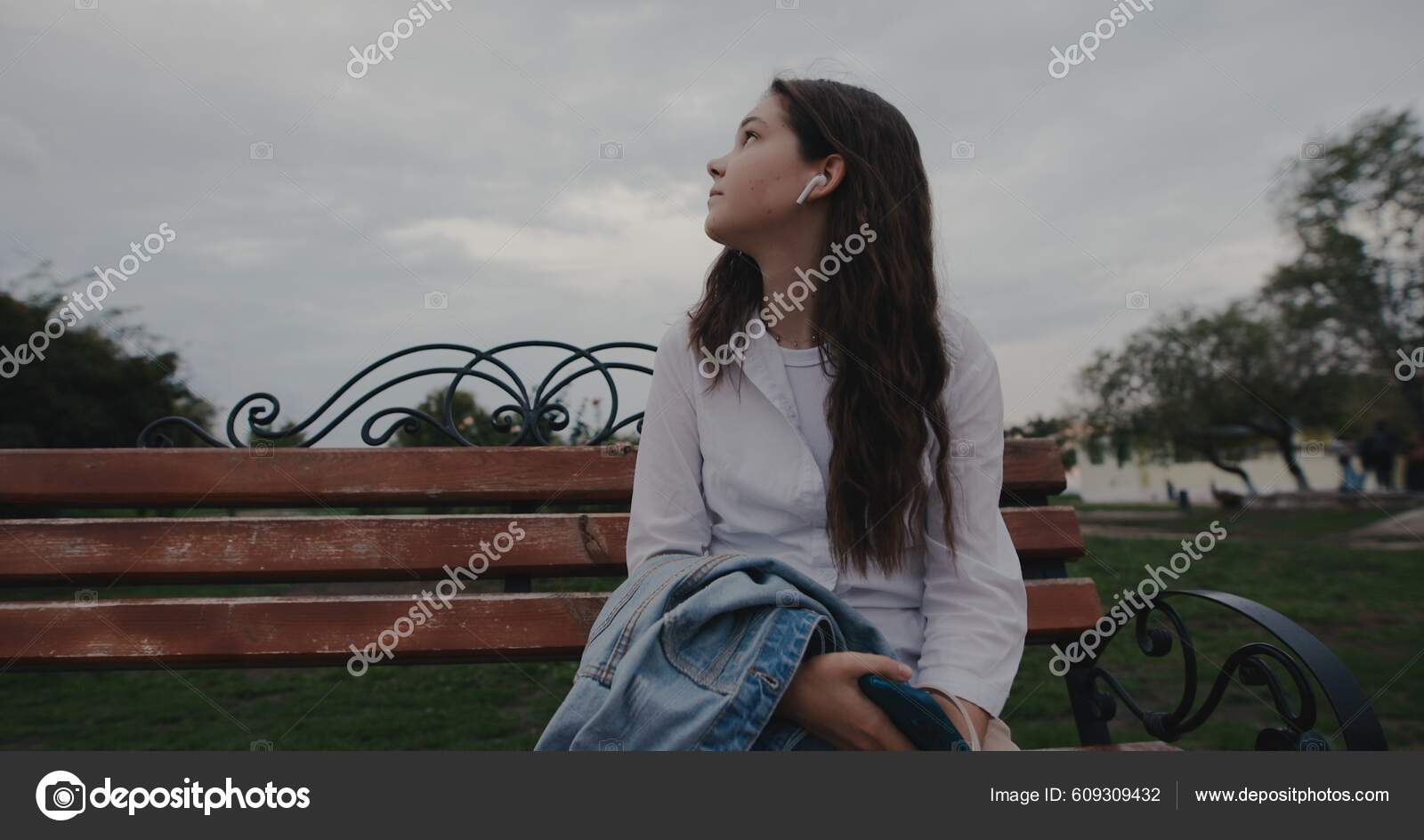Young Girl Looking Cloudy Sky Overcast Weather Listening Music Wireless ...